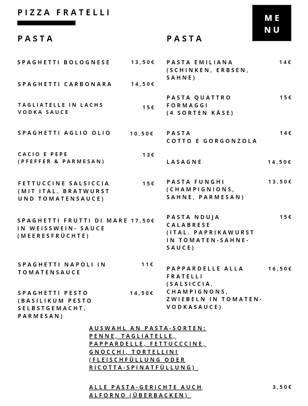 Pizza Fratelli - Menue