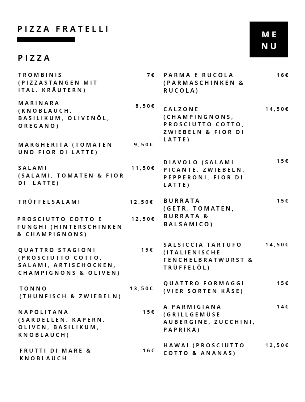 Pizza Fratelli - Menue